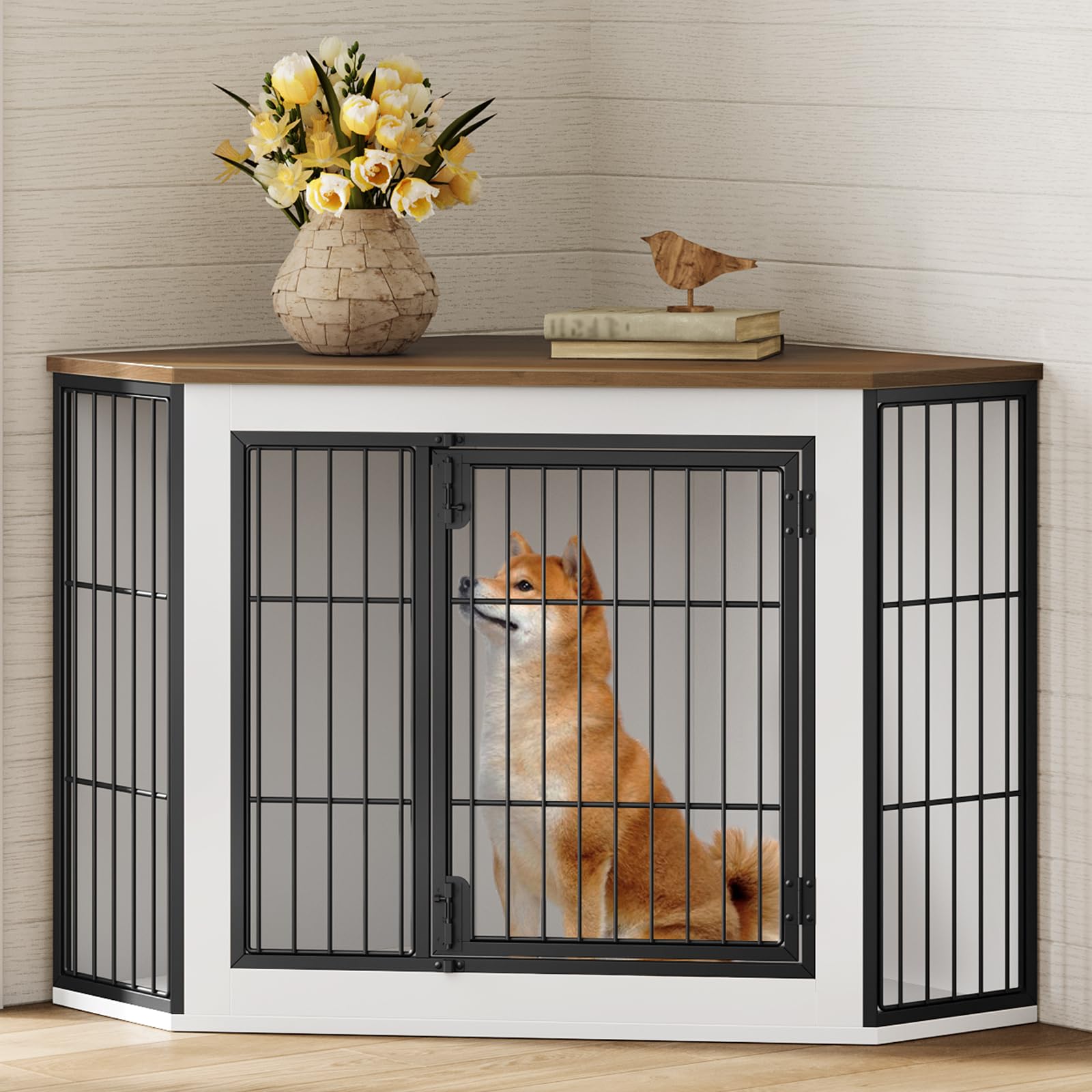 HOOBRO Farmhouse Corner Dog Crate Furniture in White for Home Use ...